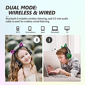 Mindkoo Wireless Headphones Bluetooth, Cat Ear Over Ear Headphones, LED Light Up 7 Color Blinking, Safe Foldable Headset Stero, with Microphone, for Kids Adults