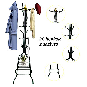 ANAMPION Coat Rack Free Standing Entryway Metal Coat and Hat Hanger Organizer Stand With 20 Hooks Hall Tree stand with 2 shelves Umbrella Tree Stand Black…