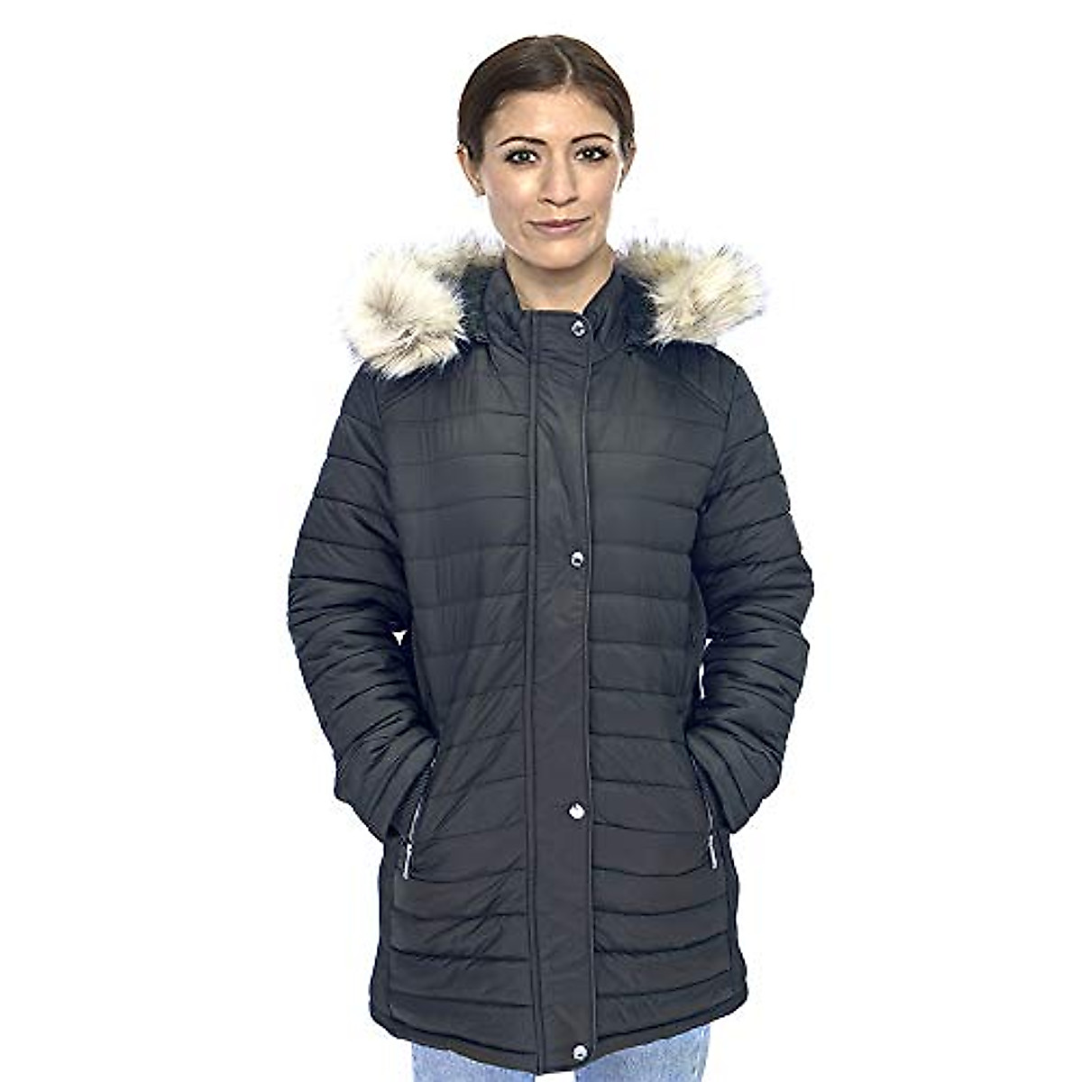 Facitisu Women's Quilted Jacket Winter Puffer Mid Length Coat Fur Trim Removable Zip-Off fHood (Black, 1XL)