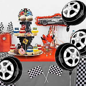 Waenerec Race Car Birthday Party Supplies 8PCS Tire Balloons & 3 Tier Cupcake Stand Food Display Dessert Holders Tower for Kids Classic Car Party Decorations