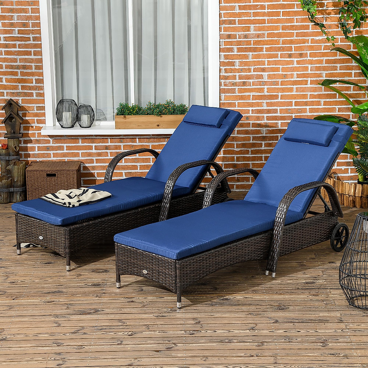 Outsunny Wicker Outdoor Chaise Lounge Set of 2, 5-Level Adjustable Backrest PE Rattan Pool Lounge Chair with Wheels, Cushion & Headrest, Brown and Dark Blue