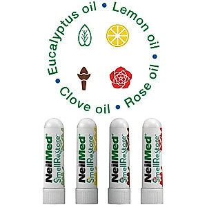 NeilMed Smell Restore - All Natural Smell Training Kit with 4 Separate Essential Oil Inhalers. Eucalyptus, Rose, Lemon and Clove