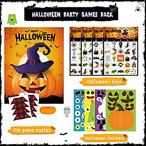 MISS FANTASY Halloween Games - 3 in 1 Halloween Party Games Include Halloween Bingo Game Halloween Pin Game Halloween Stickers Halloween Party Favors Supplies for Kids Children Activities