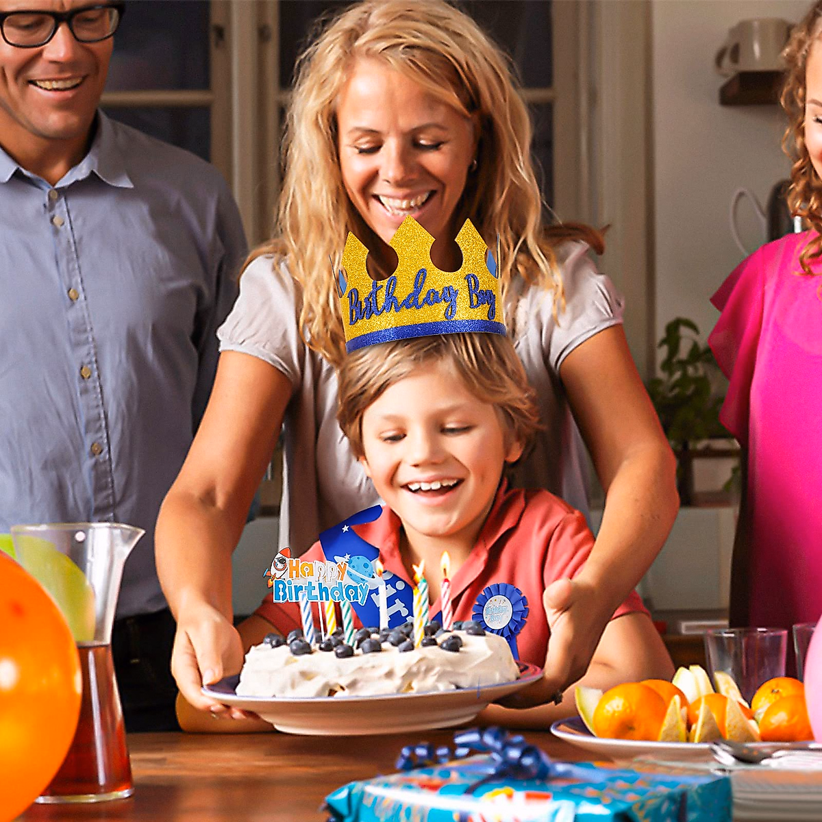 Aprince Birthday Boy Crown Hat Gold, Birthday Sash and Button Pins, Cake Topper Party Decorations Set for Birthday Boys Kids