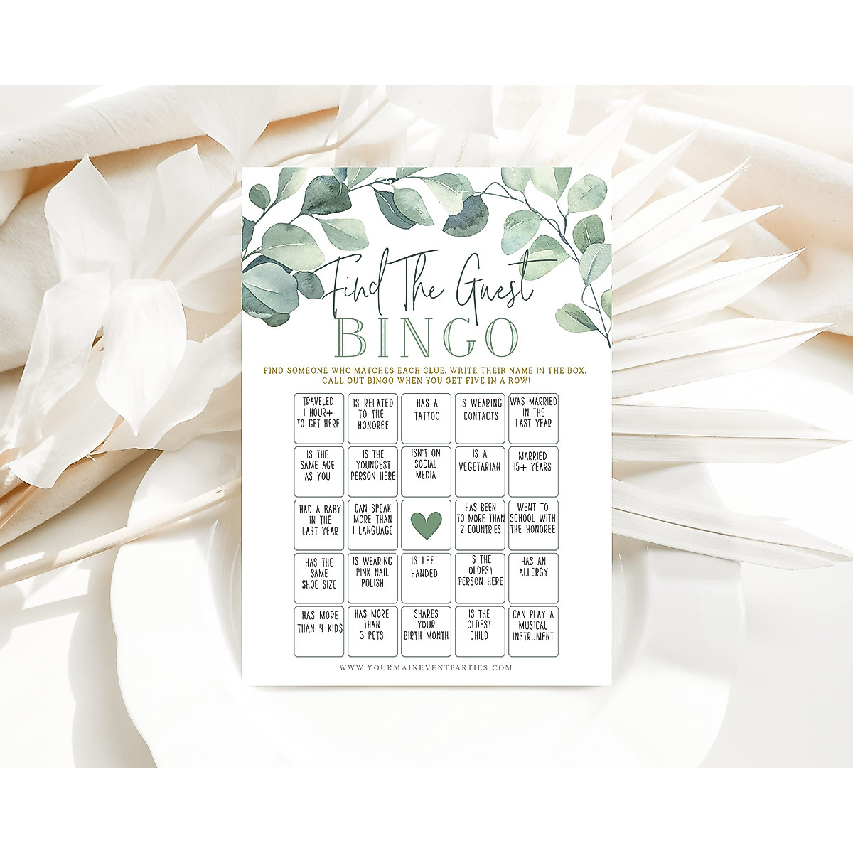 Your Main Event Prints Eucalyptus Floral Find The Guest Bingo Game for Bridal Shower, Baby Shower and Bachelorette Parties, 50 Game Cards Included