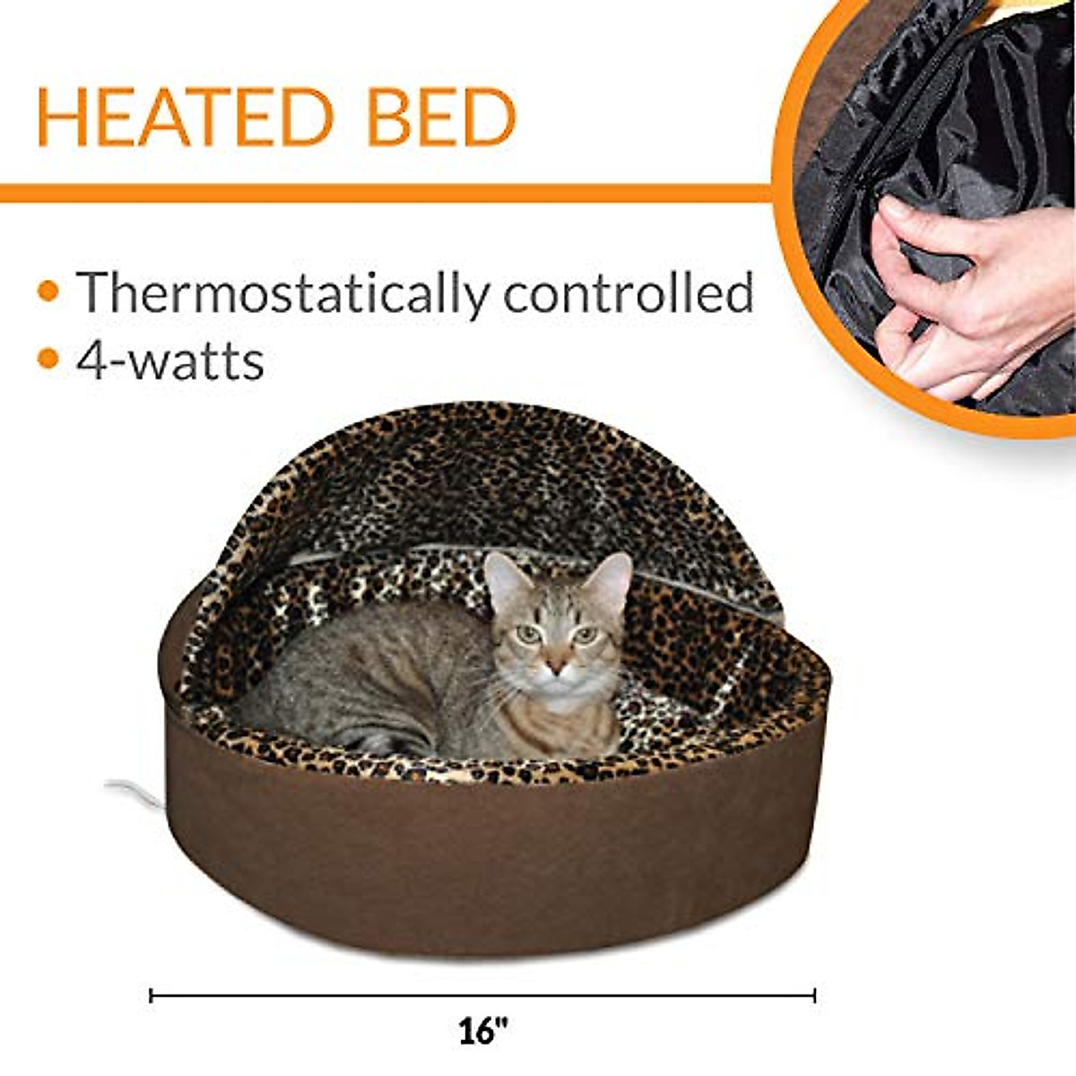 K&H Pet Products Thermo-Kitty Bed Deluxe Indoor Heated Cat Bed Mocha/Leopard Small 16 Inches