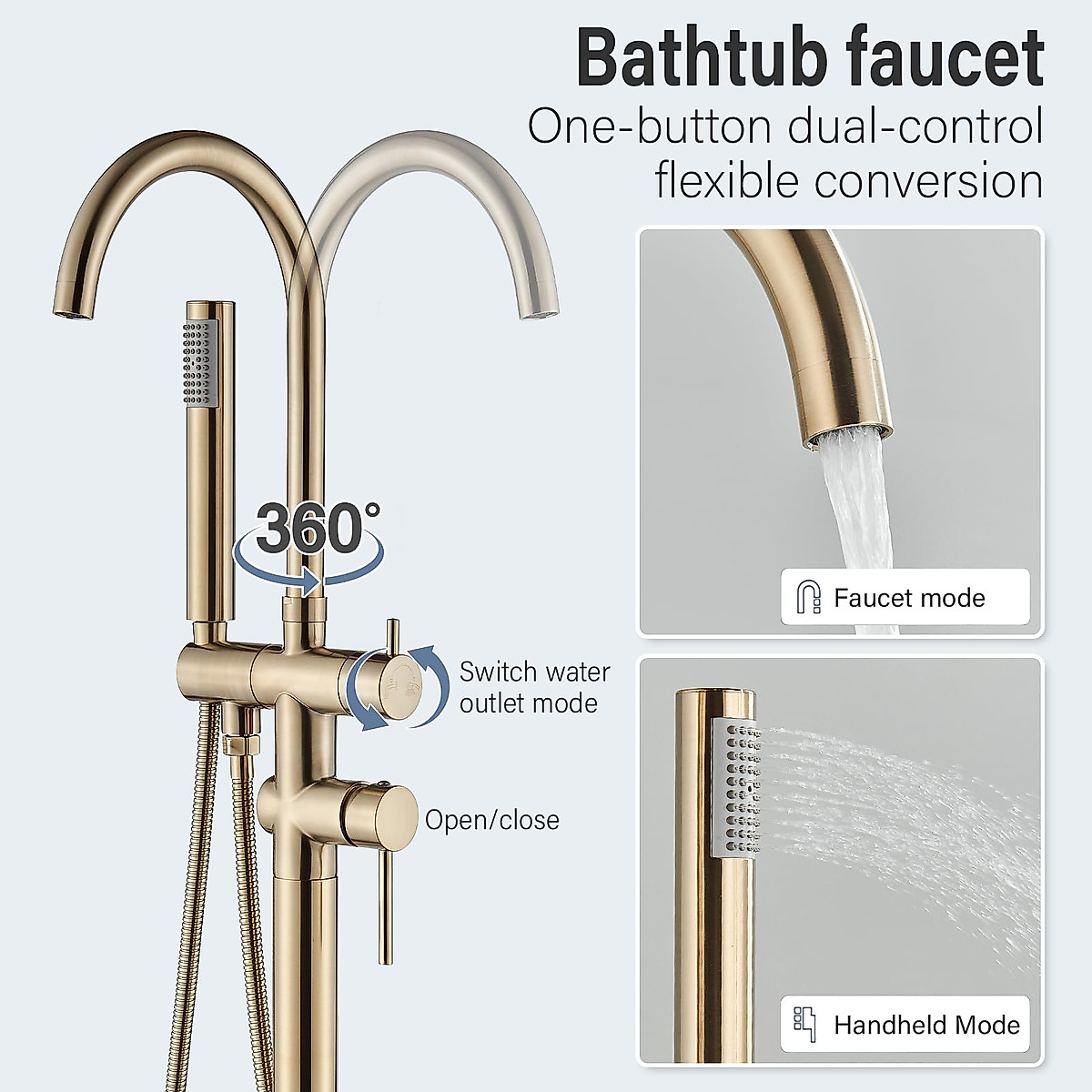 Brushed Gold Freestanding Bathtub Faucet with Hand Shower Tub Filler Faucet Floor Mounted High Flow Single Handle Bath Filler Solid Brass