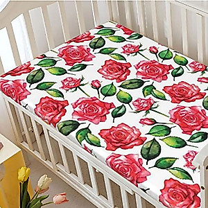 Rose Themed Fitted Mini Crib Sheets,Portable Mini Crib Sheets Soft Toddler Mattress Sheet Fitted-Great for Boy or Girl Room or Nursery,24“ x38“,White Green Red