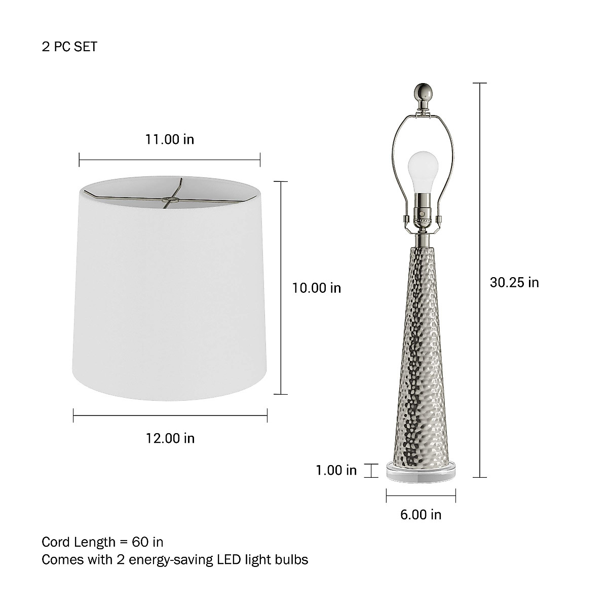 Lavish Home Table Lamps - Set of 2 Contemporary Hammered Glass Lights for Bedroom, Living Room, and Office with Energy-Efficient LED Bulbs (Silver)