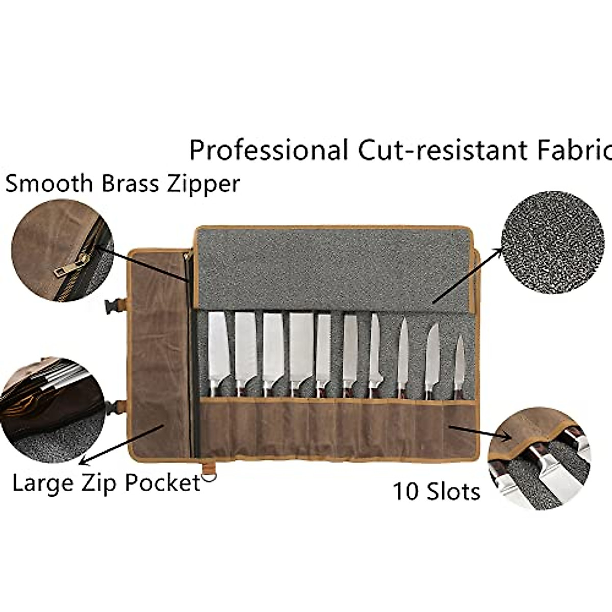 Denifiter Professional Chef's Knife Bag with Anti Cutting Fabric Inside, Heavy Duty 16oz Waxed Canvas Knife Roll, 11 Slots & Durable Handle Adjustable Shoulder Strap (Grey)