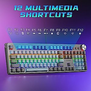 Mechanical Gaming Keyboard, RGB Backlit 104 Keys Full Size Keyboard with Multimedia Knob, Double Shot Keycaps, Full Anti-Ghosting, Blue Switch Wired Computer Keyboard for Windows PC Mac Xbox Gamer