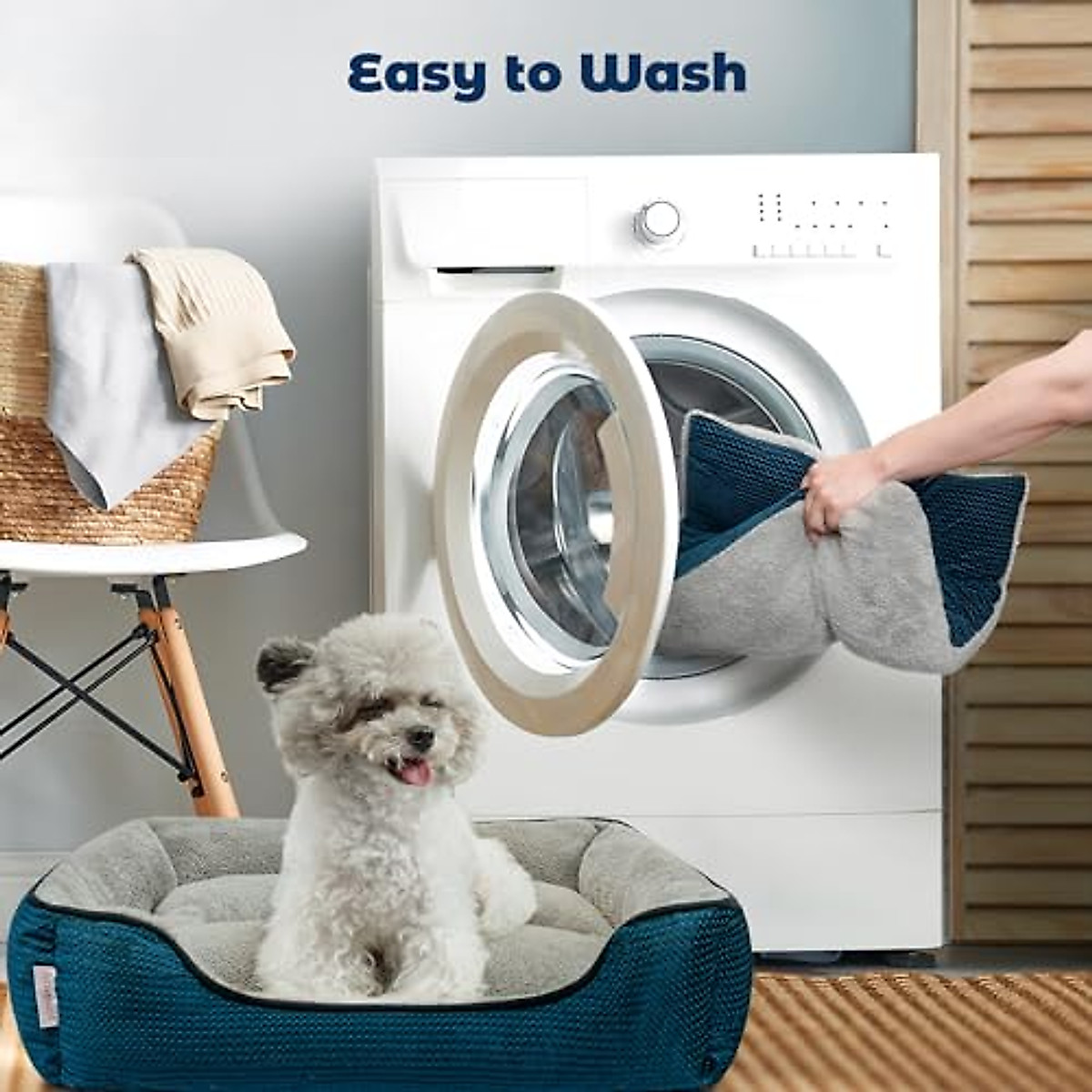 Miguel Dog Bed with Removable Cushion/Pillow for Medium Small Dogs, Washable Pet Bed with Side Easy to Wash Puppy Bed, Large Rectangle Cat Bed for Indoor Cat with Anti-Slip Bottom, Blue 25 Inch