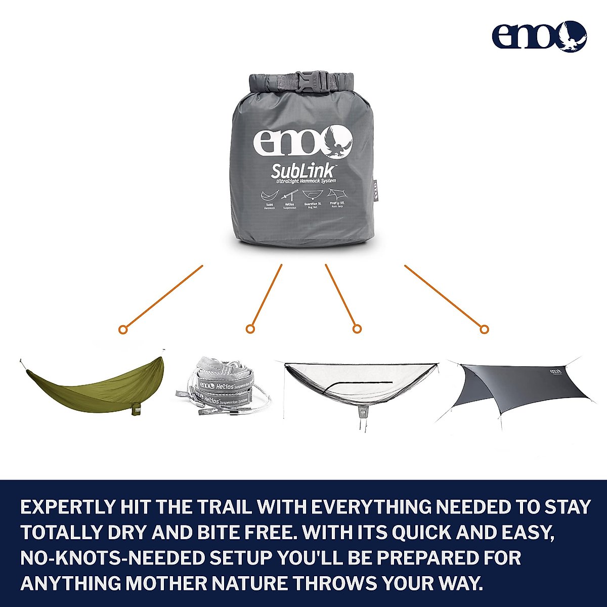 ENO SubLink Hammock System - Includes Sub6 Hammock, Helios Suspension System, Guardian SL Bug Net, and ProFly Sil Rain Tarp - Set of Lightweight Hammock Essentials for Camping, or Hiking - Grey/Lichen