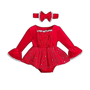 Newborn Baby Girl Christmas Outfit Long Sleeve Ruched Romper Dress Princess Tulle Dress Infant Christmas Dress(C-Red,0-6 Months)