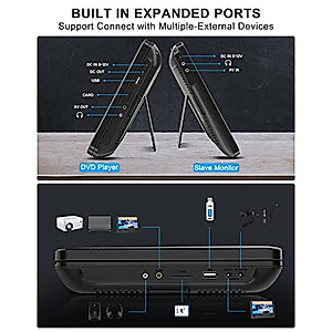 WONNIE 10.5'' Car Dual DVD Player, Headrest Video Players Portable with 5 Hours Rechargeable Battery,Two Mounting Brackets,Support USB/SD/Sync TV,Last Memory,AV Out &in ( 1 Player+1 Monitor )