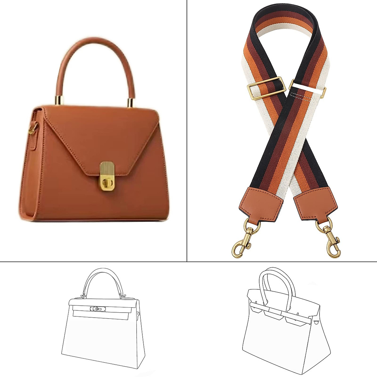 HUADEK Purse Strap Replacement Crossbody Handbag Stripe Wide Adjustable (shoulder strap Brown Leather Head（P-5）)