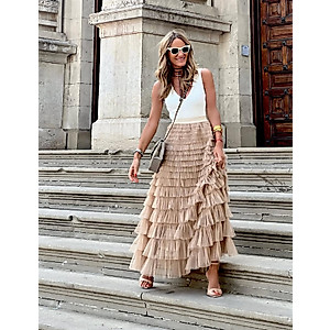 Perbai Womens Long Maxi Tiered Tulle Skirt High Waisted A Line Layered Mesh Tutu Skirts Petticoat(Champagne-M)