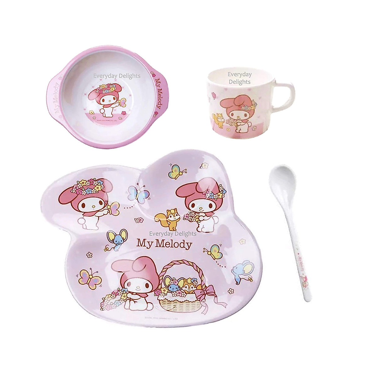 Everyday Delights My Melody Rabbit Dinnerware Flatware Meal Set for Girls – Plate Bowl Cup Spoon, 4 pieces, Pink