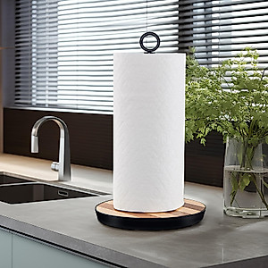 Paper Towel Holder, Paper Towel Holder Countertop with Heavy Weighted Multi-Color Wood Base for Standard or Jumbo-Sized Roll, Easy One-Handed Tear Standing Paper Towel Holders, Black