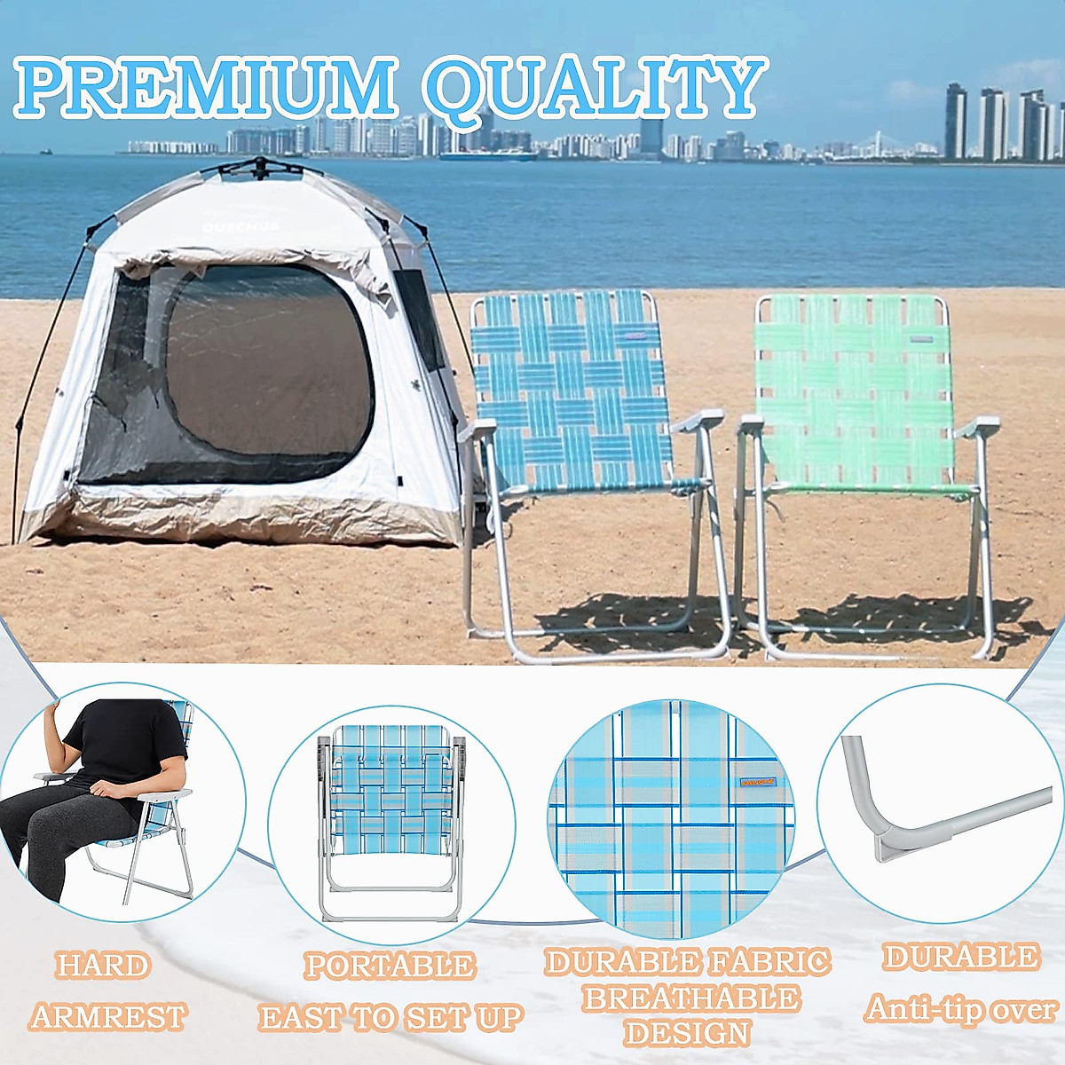 #WEJOY 2 Packs Extra Wide Aluminum Foldable Beach Chairs, High Back, Arm Rest, Lightweight, Portable, Blue