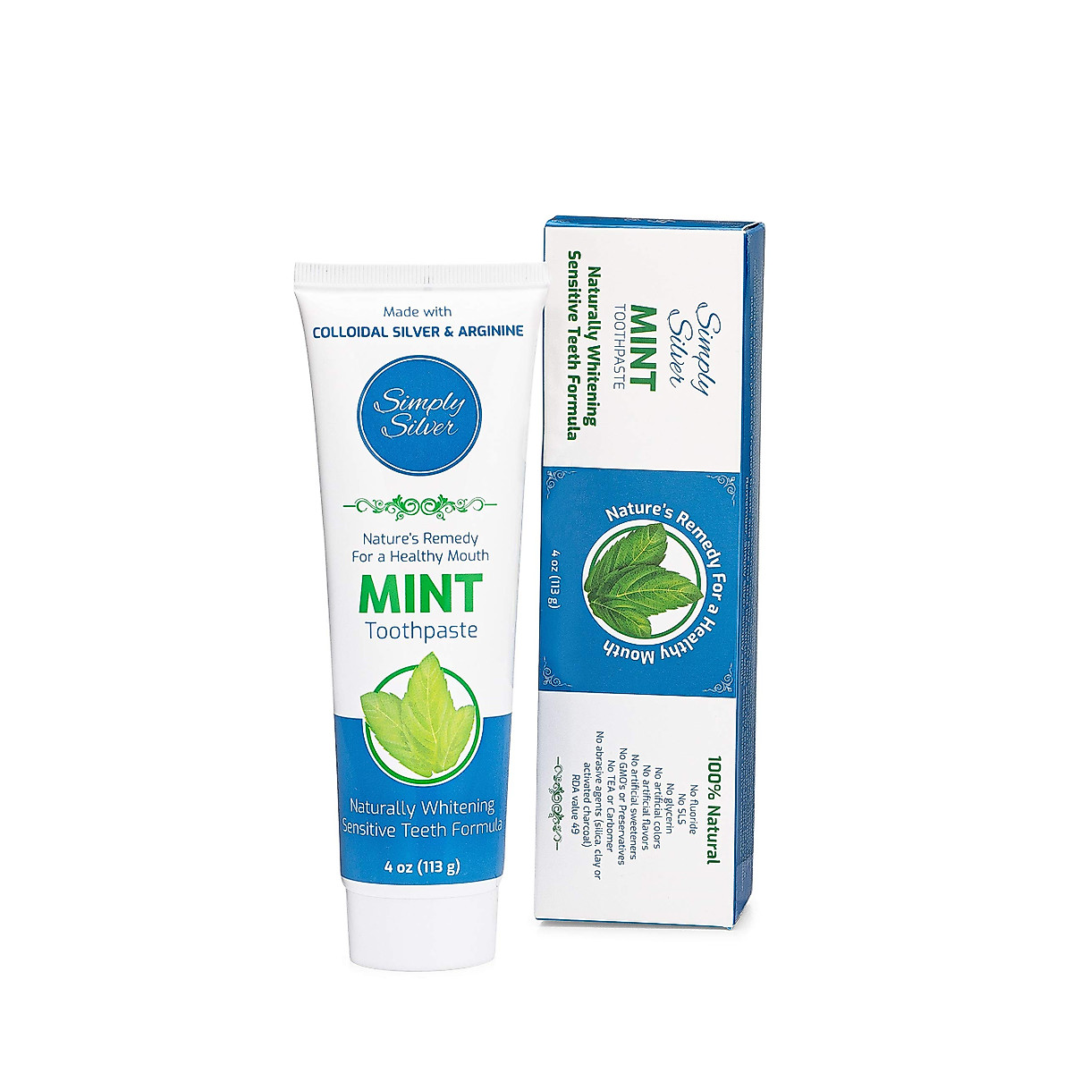 Simply Silver Toothpaste Mint - All Natural Colloidal Silver Toothpaste, Fluoride Free, Sensitive Teeth, Whitening, 4 oz