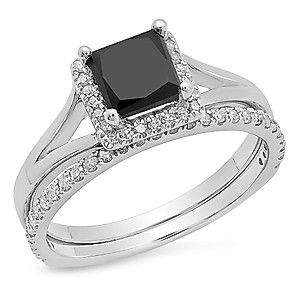 Dazzlingrock Collection 1.80 Carat (ctw) 10K Black & White Diamond Bridal Halo Engagement Ring Set, White Gold, Size 7.5