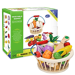 Victostar Magnetic Wooden Cutting Fruits Vegetables Food Play Toy Set with Basket for Kids