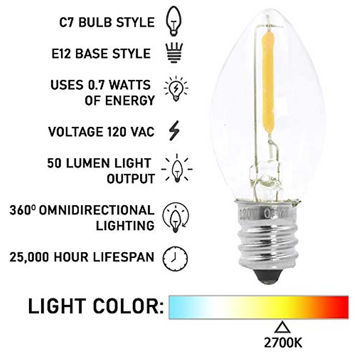 Mandala Crafts Warm White Clear C7 Led Bulbs 7-Watt Equivalent with 120V Candelabra E12 Small Base for Night Light Chandelier Candle Christmas Village Replacement