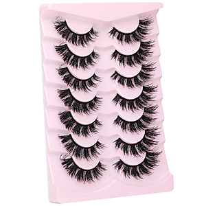 JIMIRE Mink Lashes Natural Look Silk False Eyelashes Fluffy Cat Eye 6D Wispy Faux Mink Lashes Flat Soft Strips 15MM Fake Lashes 7 Pairs Pack