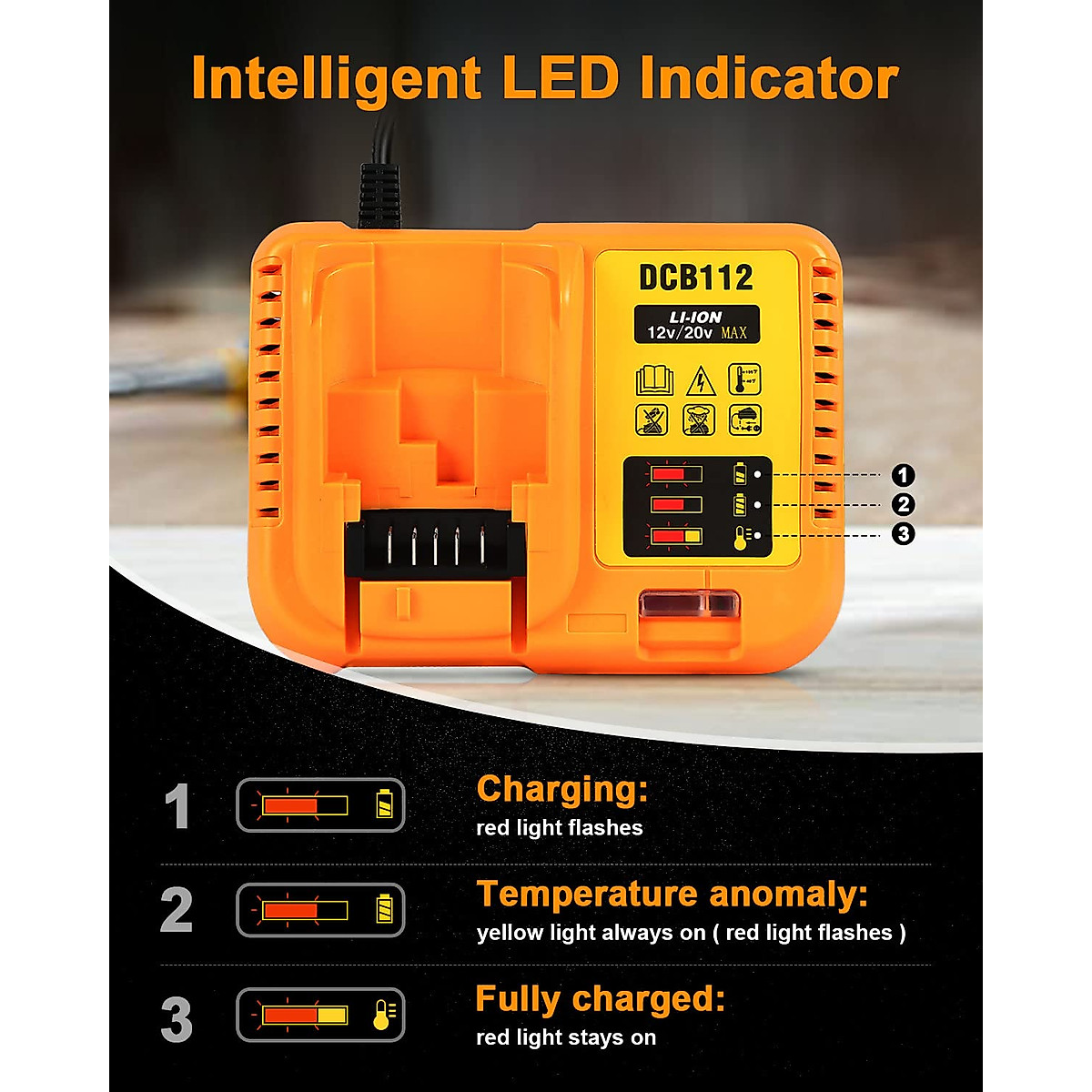 Aoasur DCB112 Battery Charger Replacement for Dewalt Compatible with 12V 20V Max Lithium BatteryDCB120 DCB127 DCB115 DCB118 DCB107 DCB105 DCB102(2 Batteries Included), Red,Yellow