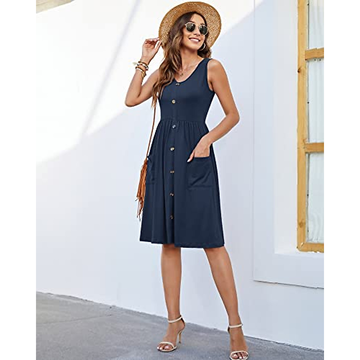 MOLERANI Women Summer Dresses Sleeveless Casual Loose Swing Button Down Midi Dress with Pockets(Navy Blue,XL)
