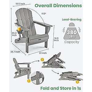 Ciokea Folding Adirondack Chair Wood Texture, Patio Adirondack Chair Weather Resistant, Plastic Fire Pit Chair with Cup Holder, Lawn Chair for Outdoor Porch Garden Backyard Deck (Grey)