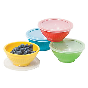Oggi Set of 4 Melamine Bowls with Lids - Small 12oz Size, Elegant Ribbed Design - Ideal for Food Prep, Guacamole Bowl, Salsa Bowls, Dip Bowls, Serving Bowls, Assorted Colors