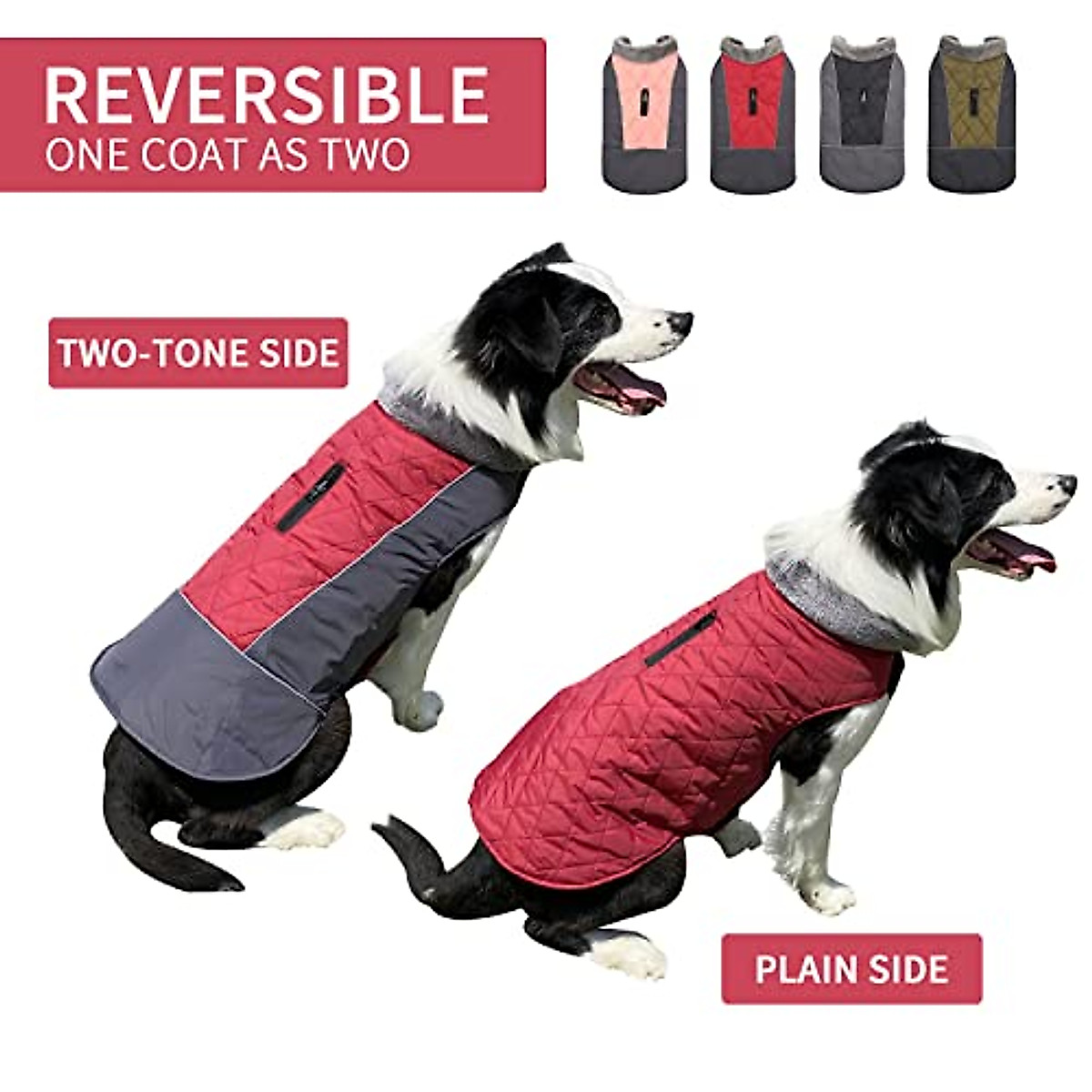 JOYPAWS Reversible Dog Coat, Windproof Waterproof Dog Jacket for Cold Weather, Warm Dog Winter Clothes Reflective Two-Tone Pet Apparel with Fleece Collar for Small Dogs Red S