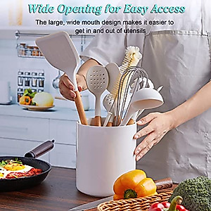 ALELION Cream White Kitchen Utensil Holder, 7.2" Extra Large Utensil Holder for Kitchen Counter, Thickenss Cooking Ceramic Utensil Crock for Utensils, Housewarming Wedding Gifts for Kitchen Decor