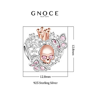 GNOCE Heart Skull Charm 925 Sterling Silver Rose Gold Plated Skull Queen & Butterfly Bead Charms Fits Bracelets Necklaces for Women