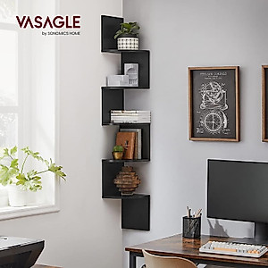 VASAGLE Corner Shelf Wall Mount, 5-Tier Floating Corner Bookshelf, Plant Shelf for Bedroom, Living Room, Bathroom, Home Office, Simply Black ULBC072B01