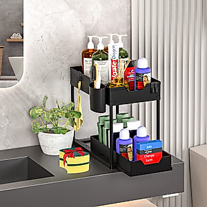 Jincancan Under Sink Organizer - Double Sliding Under Sink Organizers and Storage - 2 Tier Under Cabinet Organizer with 4 Hooks, Hanging Cup, Under Sink Storage for Kitchen