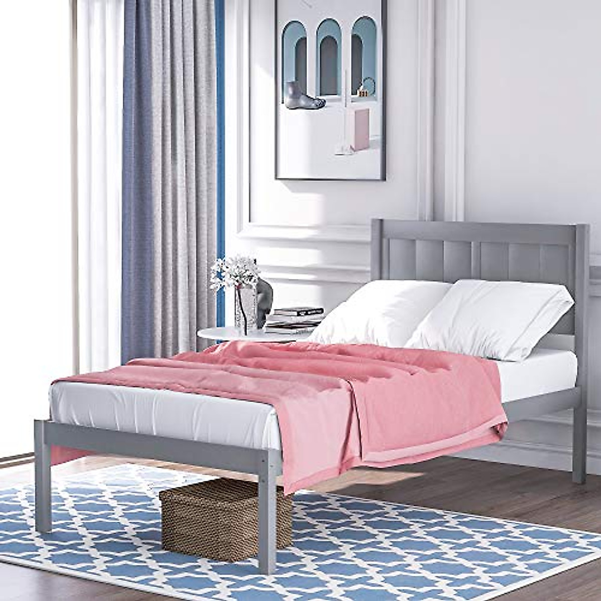 Swellsuite Wood Platform Bed Frame for Kids, Twin Bed Frame with Headboard and Support Legs for Boys and Girls, Twin Platform Bed with Wood Slats, No Box Spring Needed, Twin Size, Gray.