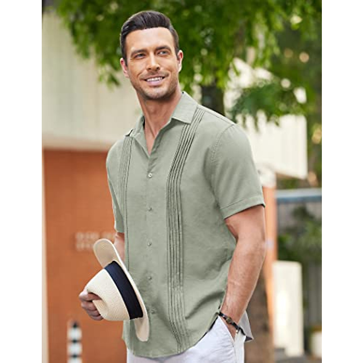 COOFANDY Beach Shirt Linen Guayabera Shirt Mexican Button Up Shirts Beach Casual Light Green