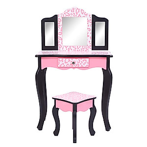 Bonnlo Kids Vanity Set, Princess Vanity Table with Stool, Tri-Folding Mirror Desk for Girls Makeup Dressing Table with Drawer Play Vanity Set