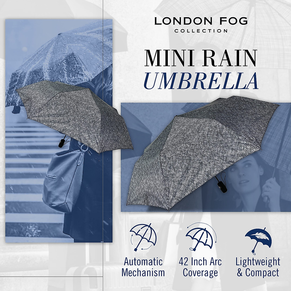 London Fog Mini Rain Umbrella, Automatic Folding Umbrella, Windproof, Lightweight and Packable for Travel, Full 42 Inch Arc, Herringbone