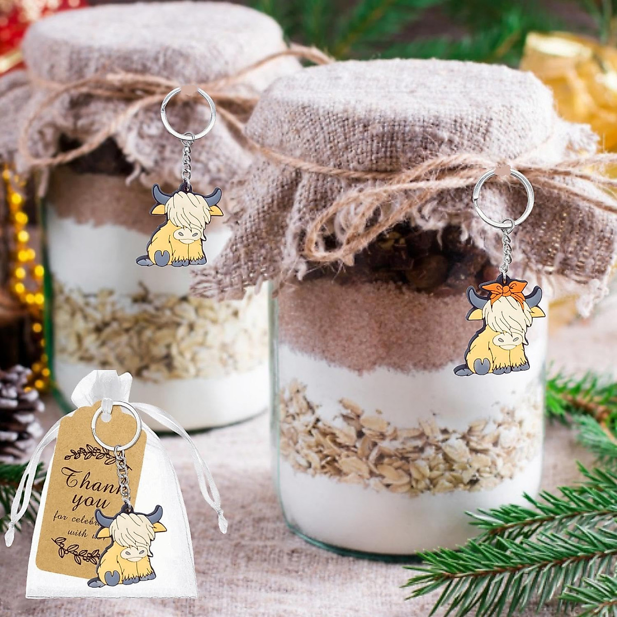 XLENGO 72 Pack Highland Cow Party Return Favors with 24 Highland Cow Keychains, 24 Thank You Tags and 24 Gift Bags for Baby Shower Birthday, Carnival Rewards, Cow Party Favors