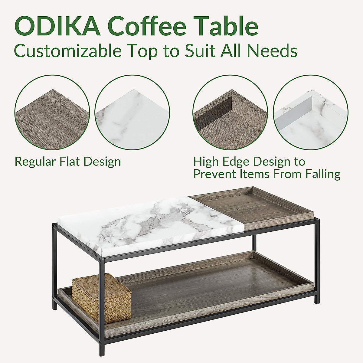 ODIKA Convertible Entertaining Coffee Table - Faux Marble Coffee Table with 2 Removable Trays, 47 Living Room Table, Modern Coffee Table for Living Room, Coffee Table with Storage Furniture, Walnut