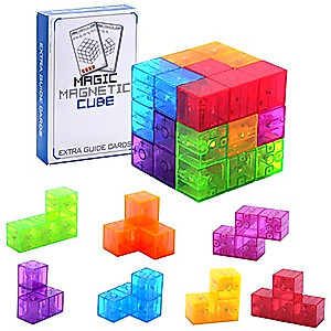 WorWoder Kids Magnetic Building Blocks Magic Magnetic 3D Puzzle Cubes, Set of 7 Multi Shapes Magnetic Blocks with 54 Guide Cards, Intelligence Developing and Stress Relief Fidget Toys for Kids Adults