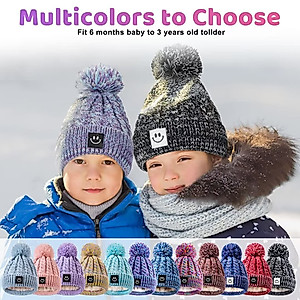 Baby Beanie Hat 3 Packs with Cute Smiley Face, Baby Winter Hat Fleece Lined,Toddler Beanie with Pom Pom for Girls Boys Rainbow Mix & Black Mix & Purple Mix