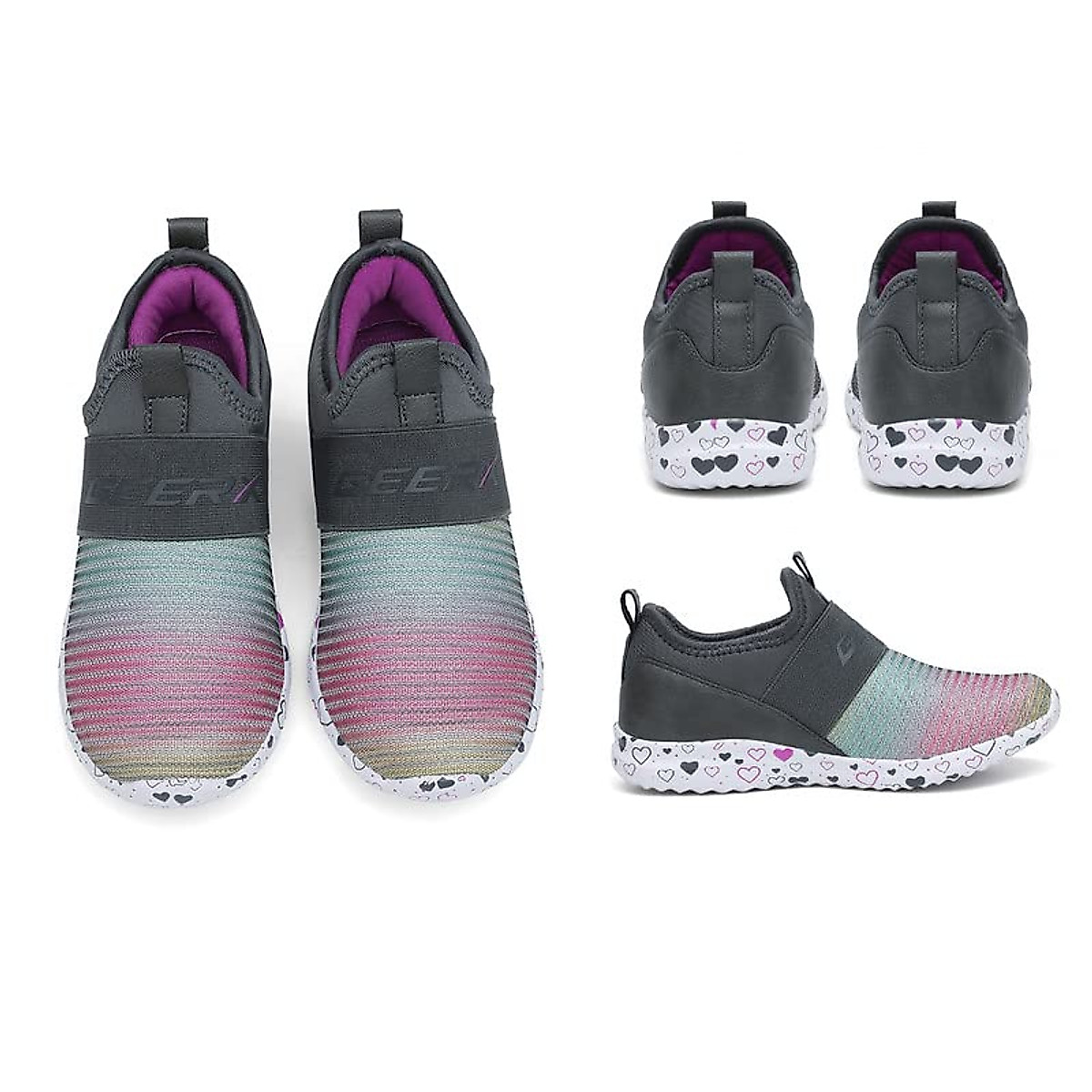 GEERX CARA Girls Slip On Athletic Sneaker Lightweight Sport Walking Running Tennis Shoe (Toddler/Little Kid/Big Kid) Grey Purple Rainbow Size 2