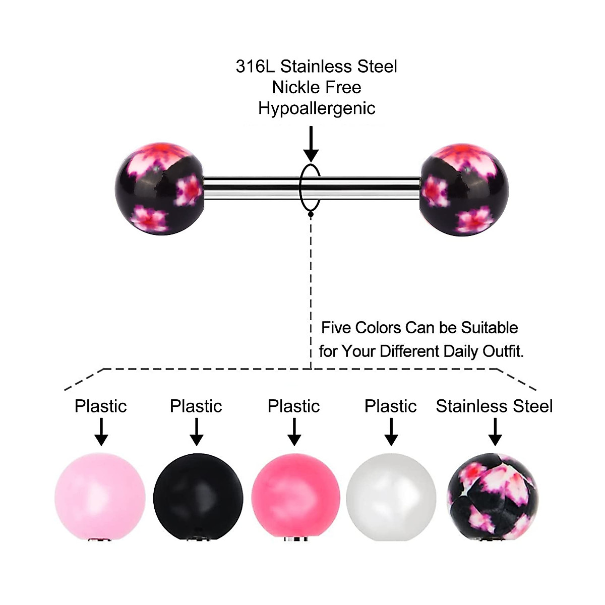 COCHARM 5Pcs Plastic Tongue Rings for Women 14g Pink Kitty Tongue Ring Acrylic Cute Tongue Piercing Jewelry Kawaii Girl Tongue Rings