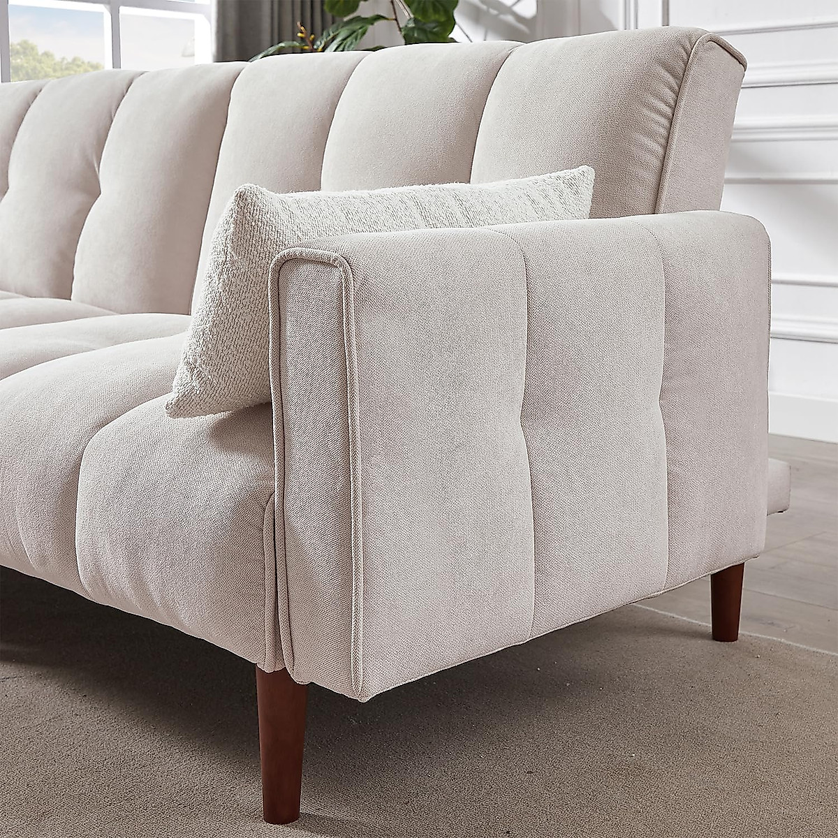 Modern Corduroy Futon Sofa Bed, Convertible Folding Sleeper Sofa, Adjustable Backrest Memory Foam Couch Double Loveseat,Split Leisure Chair & Double Lounge Chair,Accent Chair (Light Ivory)