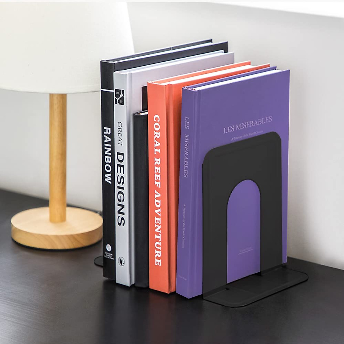 MaxGear Book Ends Universal Premium Bookends for Shelves, Non-Skid Bookend, Heavy Duty Metal Book End, Book Stopper for Books/Movies/CDs/Video Games, 6 x 4.6 x 6 in, Black (2 Pairs/4 Pieces, Large)